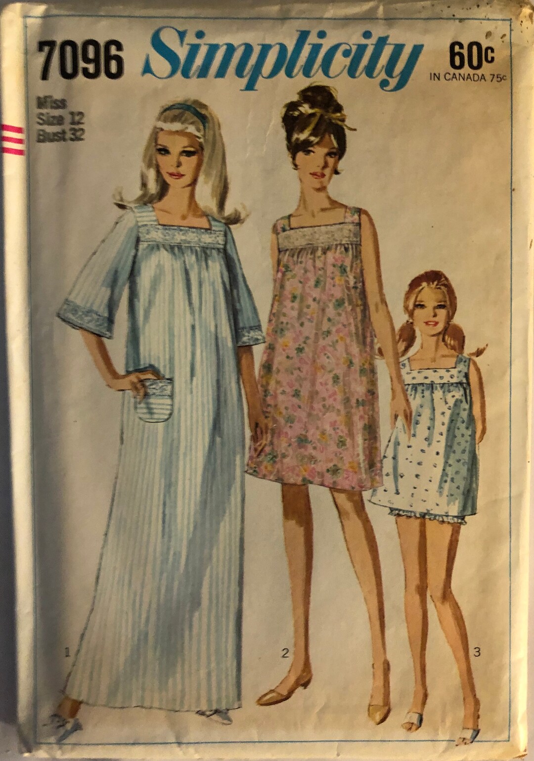 VTG 7096 Simplicity (1967). Misses' Nightgown in 3 Lengths & Panties. Size 12, Bust 32 ...