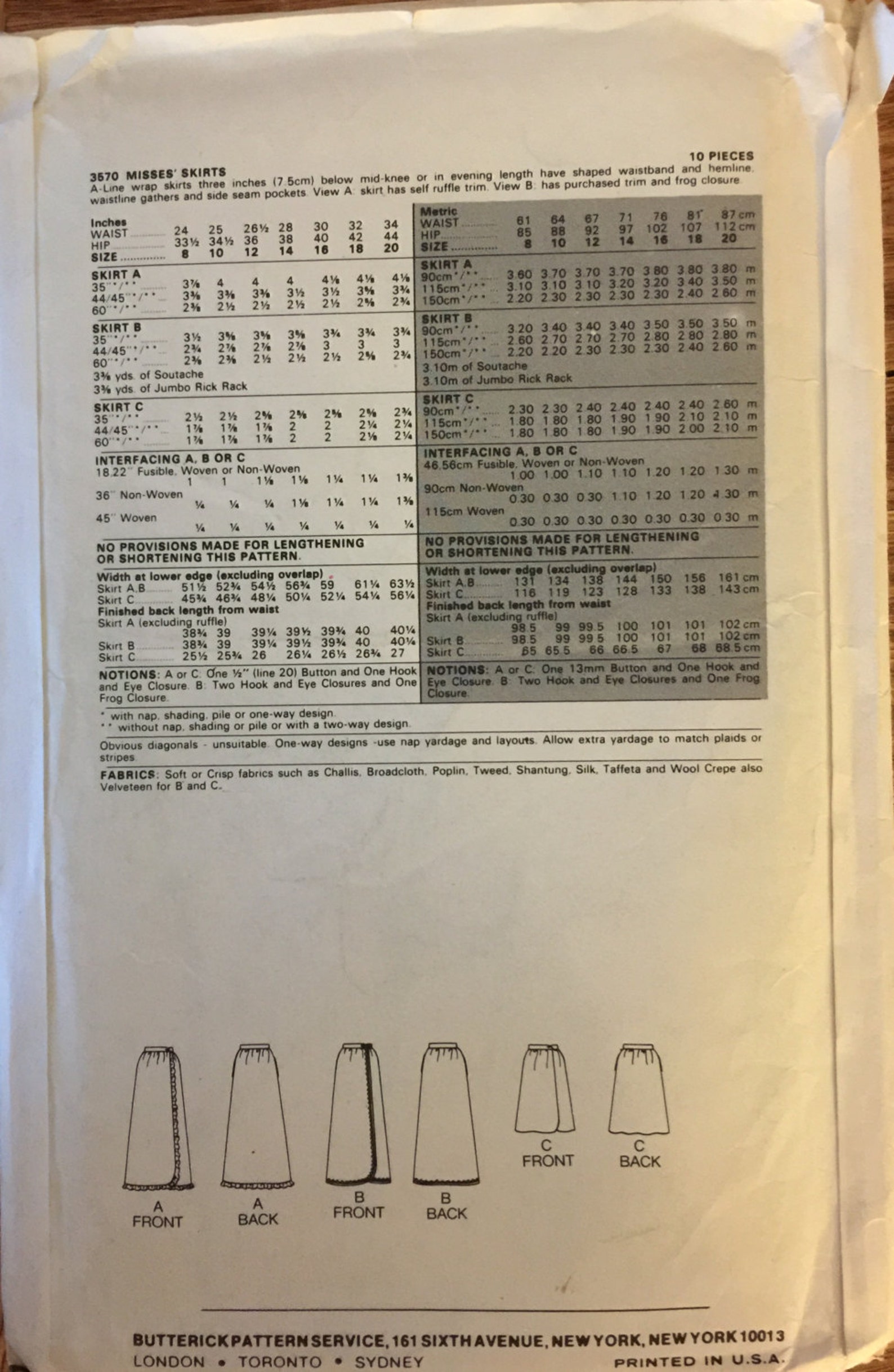 RARE VTG 3570 Butterick (1971). Misses' Skirts. Size 16, Waist 30 ...