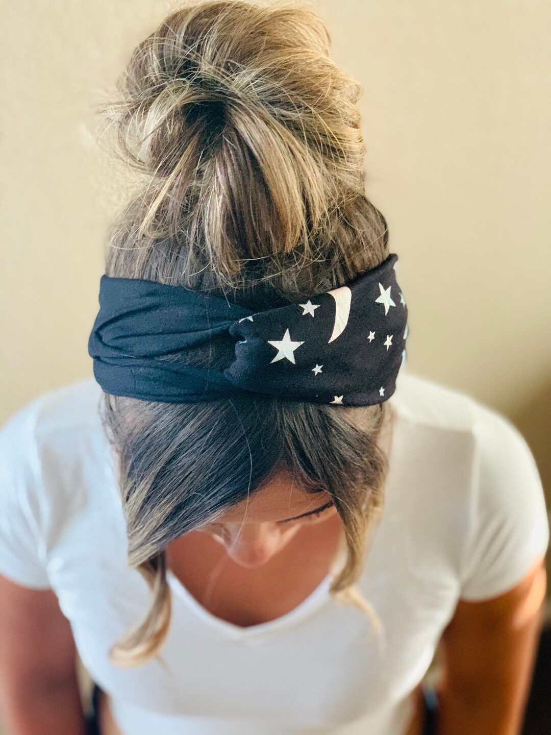Moon & Stars Chunky Split Turban Knot Headband, Adult Soft and Stretchy ...