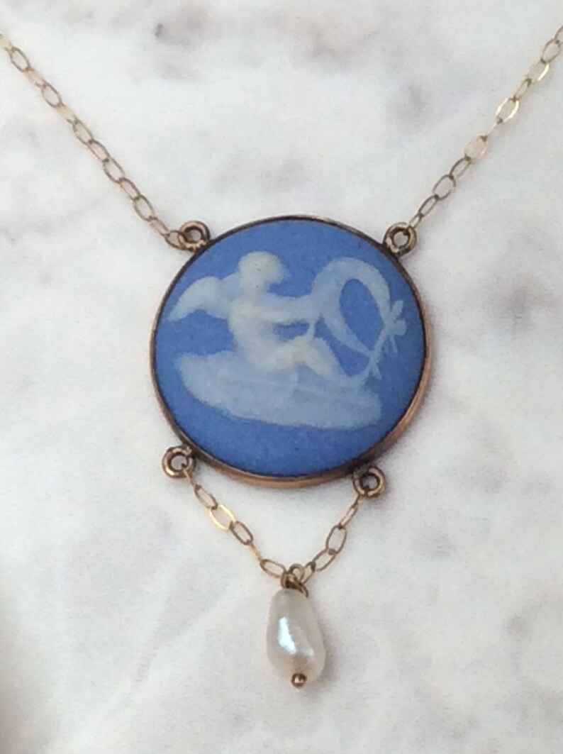 Antique Blue Wedgewood Cupid Cherub Pearl Gold Necklace - 9ct - Etsy