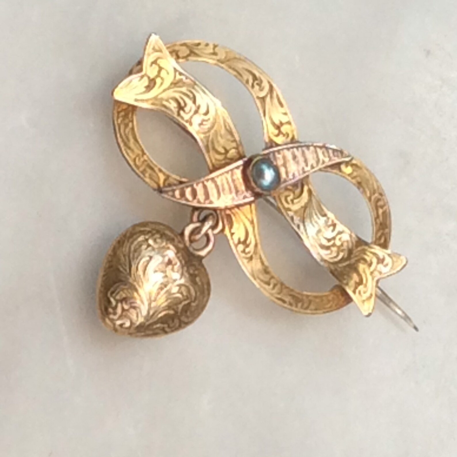 Antique Pearl Bow Swagged Heart Gold Brooch 15ct - Etsy