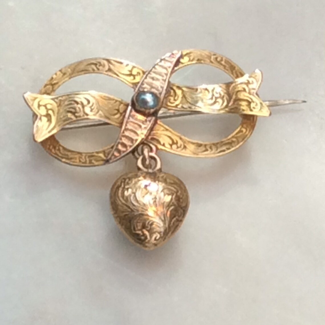 Antique Pearl Bow Swagged Heart Gold Brooch 15ct - Etsy