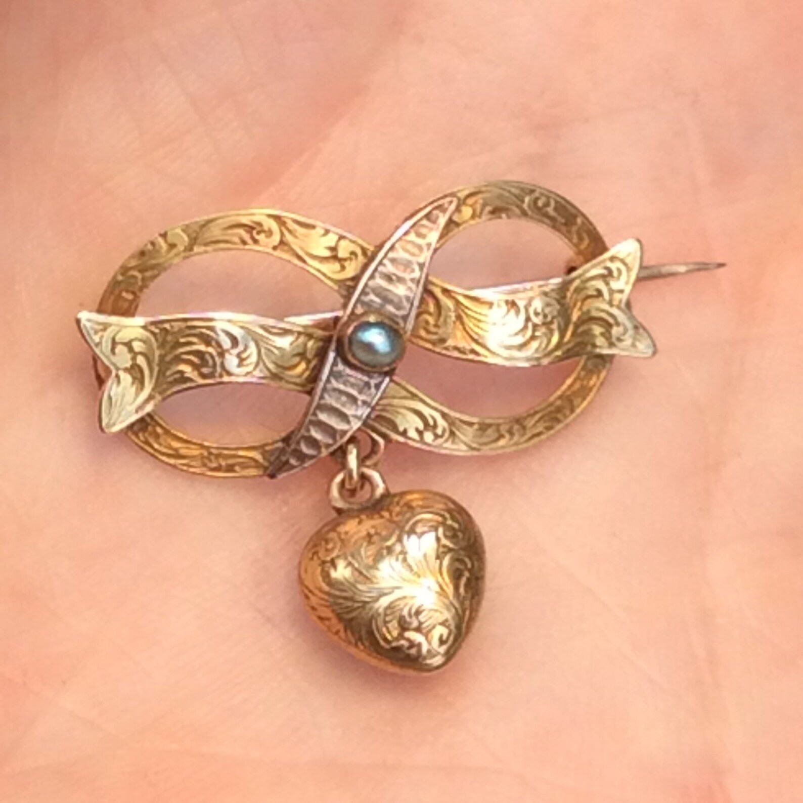 Antique Pearl Bow Swagged Heart Gold Brooch 15ct - Etsy