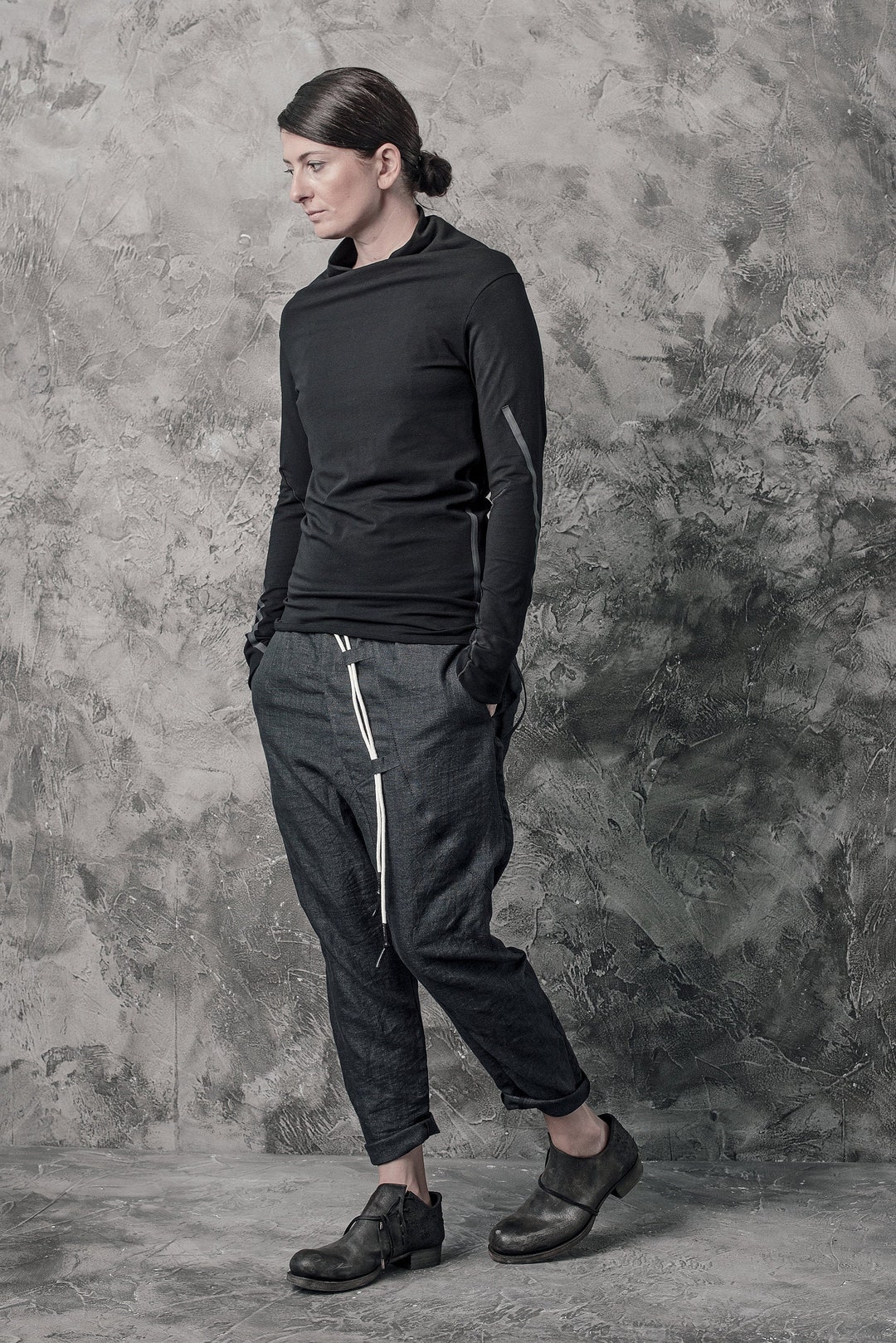 Linen Drop Crotch Pants: Cropped Avantgarde Trousers - Etsy
