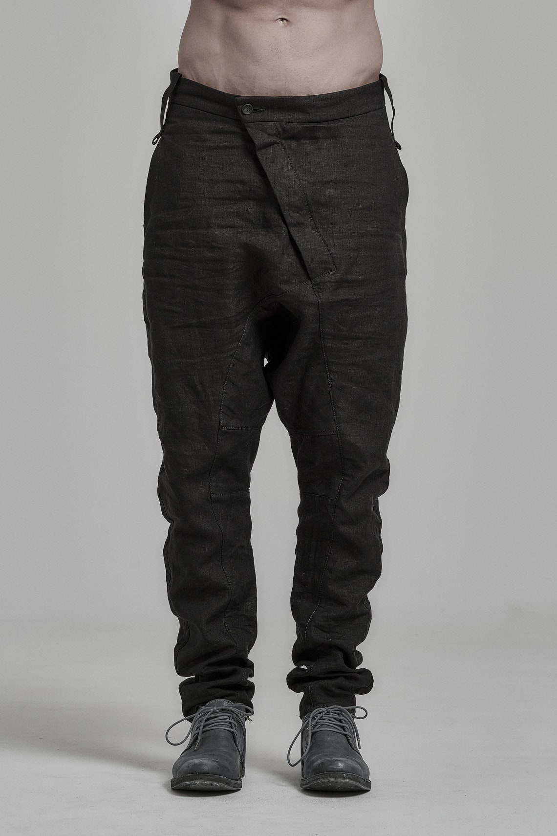 Black Linen Pants / Mens Drop Crotch Black Trouser / - Etsy