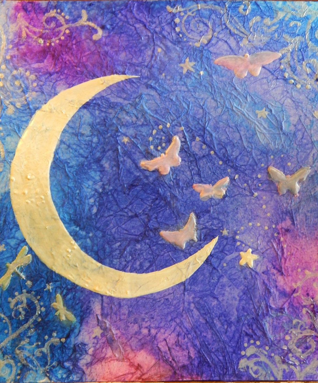 Crescent Moon and Butterflies mixed media on blue and purple | Etsy