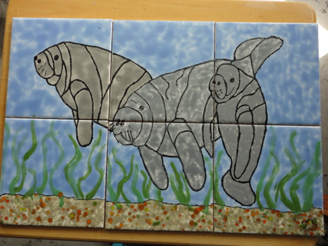Manatee Family Back Splash Mural Hand Painted Kiln Fired Decorative ...