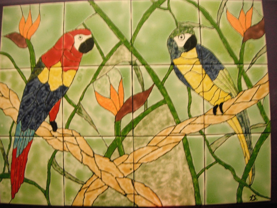 Parrots in Paradise Back Splash Mural Hand Painted Kiln Fired ...