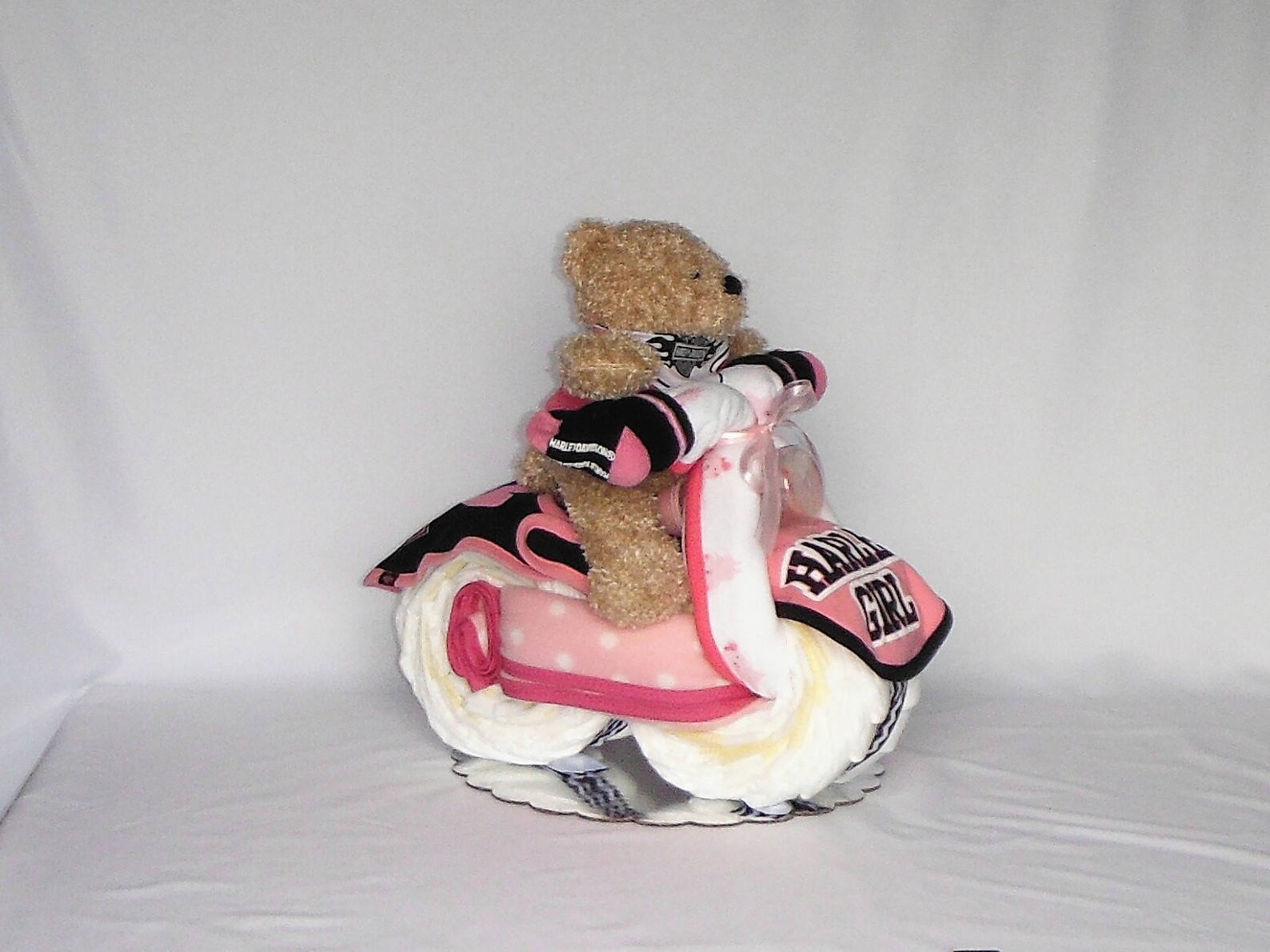 Pink Harley Davidson Theme Motorcycle Diaper Cake With Tan Bear, Harley ...