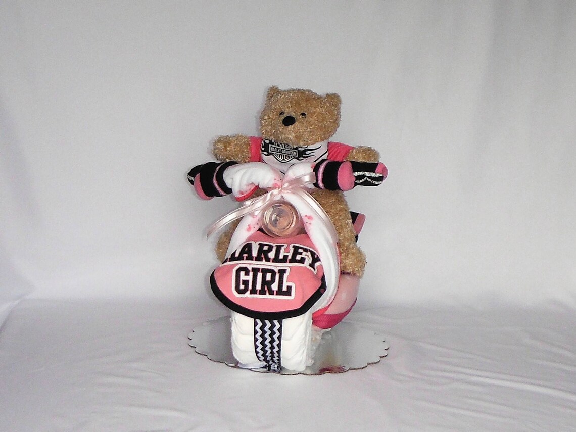 Pink Harley Davidson Theme Motorcycle Diaper Cake With Tan Bear, Harley ...