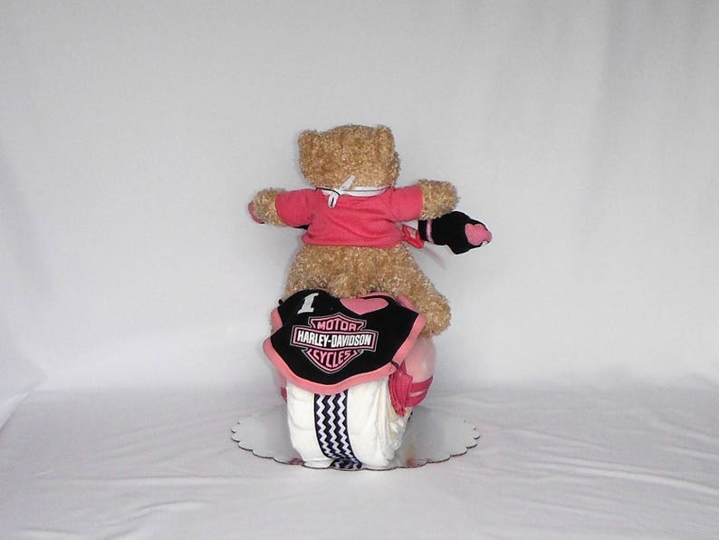 Pink Harley Davidson Theme Motorcycle Diaper Cake With Tan Bear, Harley ...