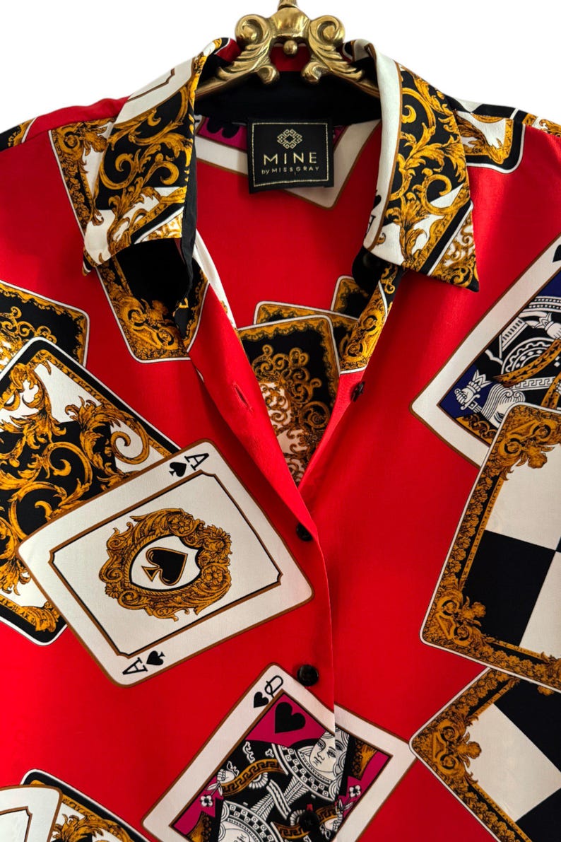 VINTAGE Luxury 80s 90s Red Deck Cards Silk Blouse - Etsy