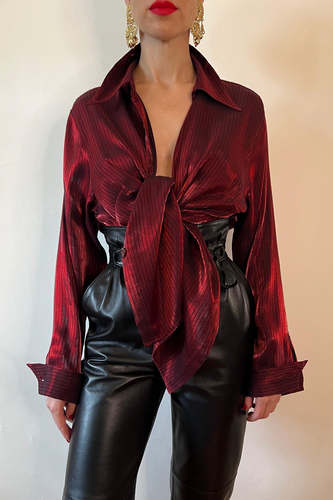 VINTAGE Luxury 80s 90s Red Pin Stripe Metallic Blouse - Etsy