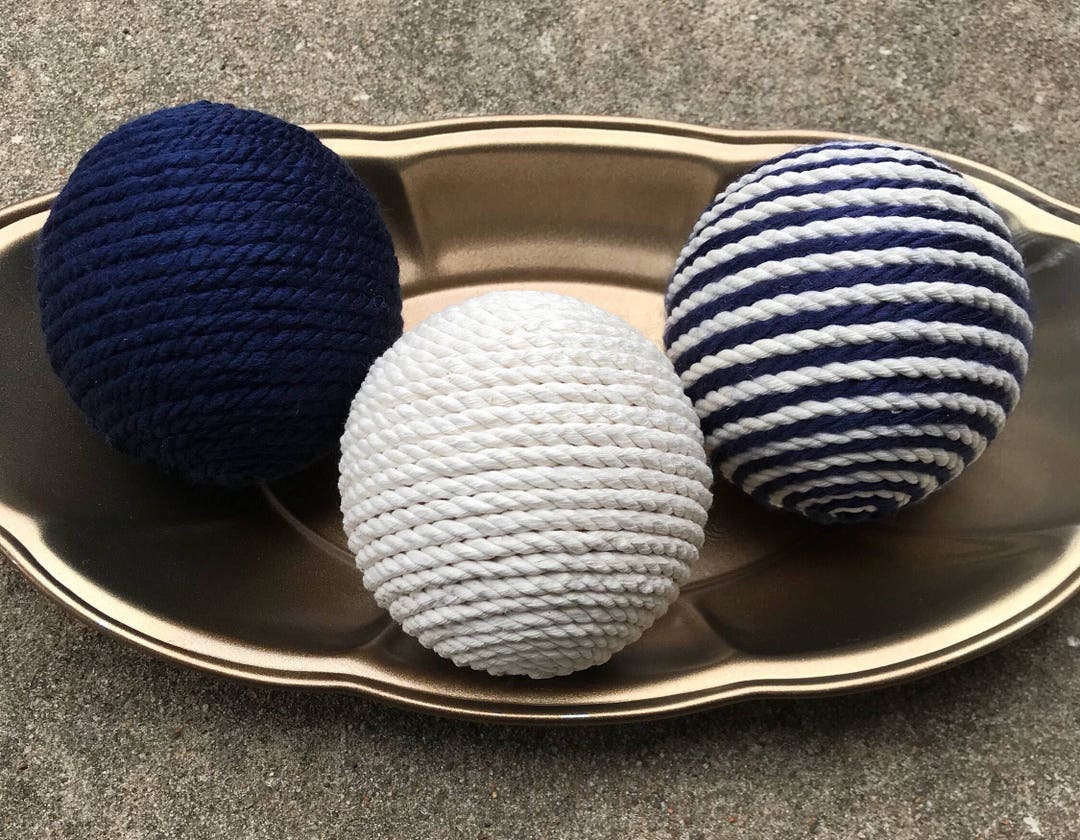 Navy Blue and Ivory Decorative Yarn Balls; Decorative Balls; Rope Ball ...