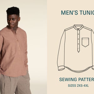 Men's Tunic Sewing Pattern: Banded Collar Shirt (sizes 2XS-4XL) (PDF ...