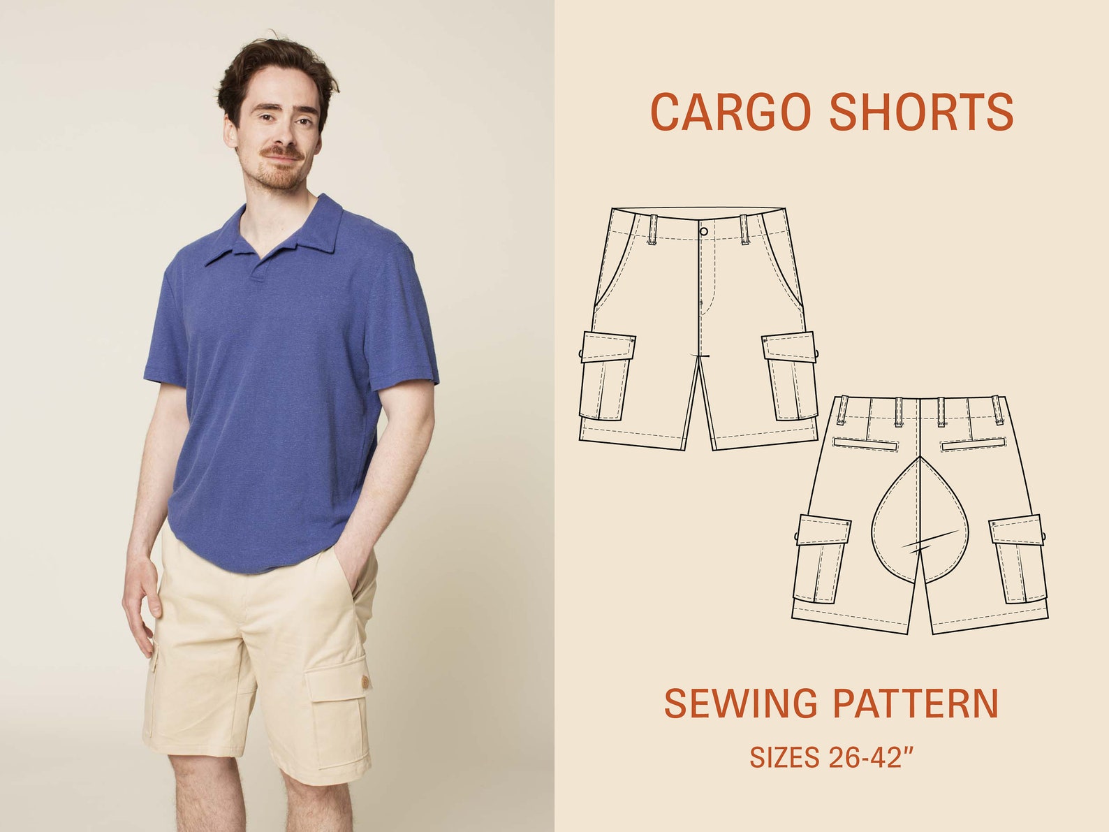 Cargo Shorts Sewing Pattern and Video Tutorial, Sizes 26-42, Mens ...