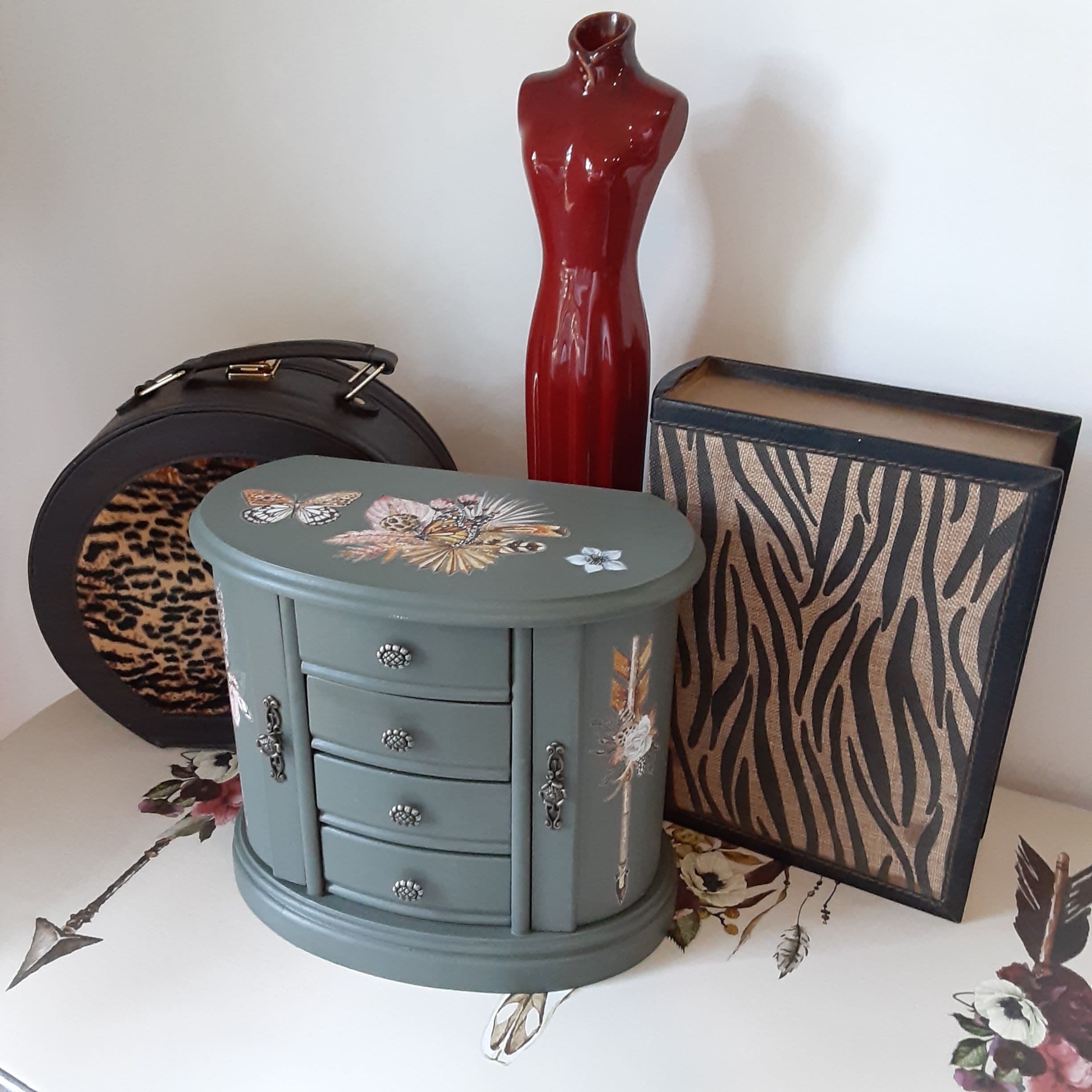Painted Olive Green Jewelry Box, Organizer, Jewelry Storage, Tabletop ...