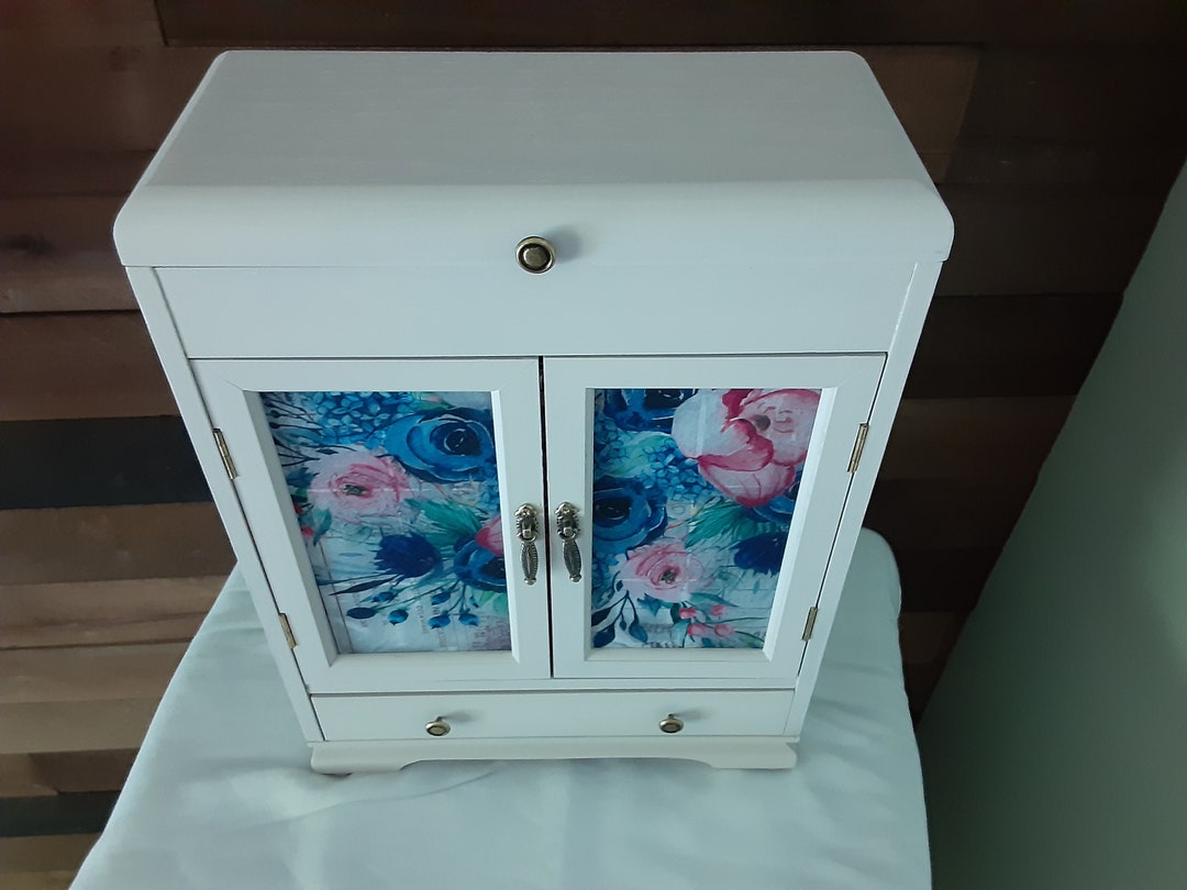Vintage Hand Painted White Jewelry Box, Table Top Jewelry Cabinet ...