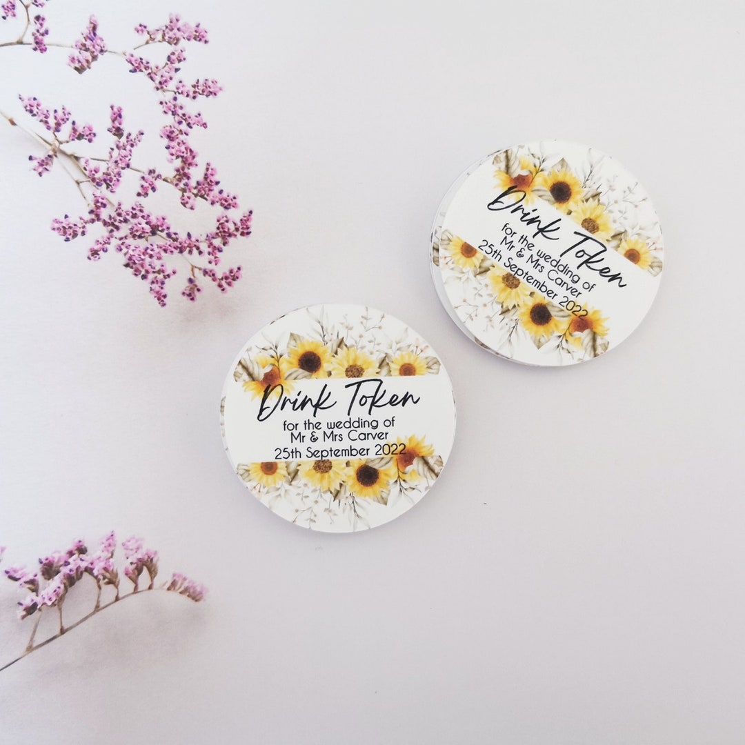 Personalised Sunflower Print Drink Token for Wedding Reception, Open ...