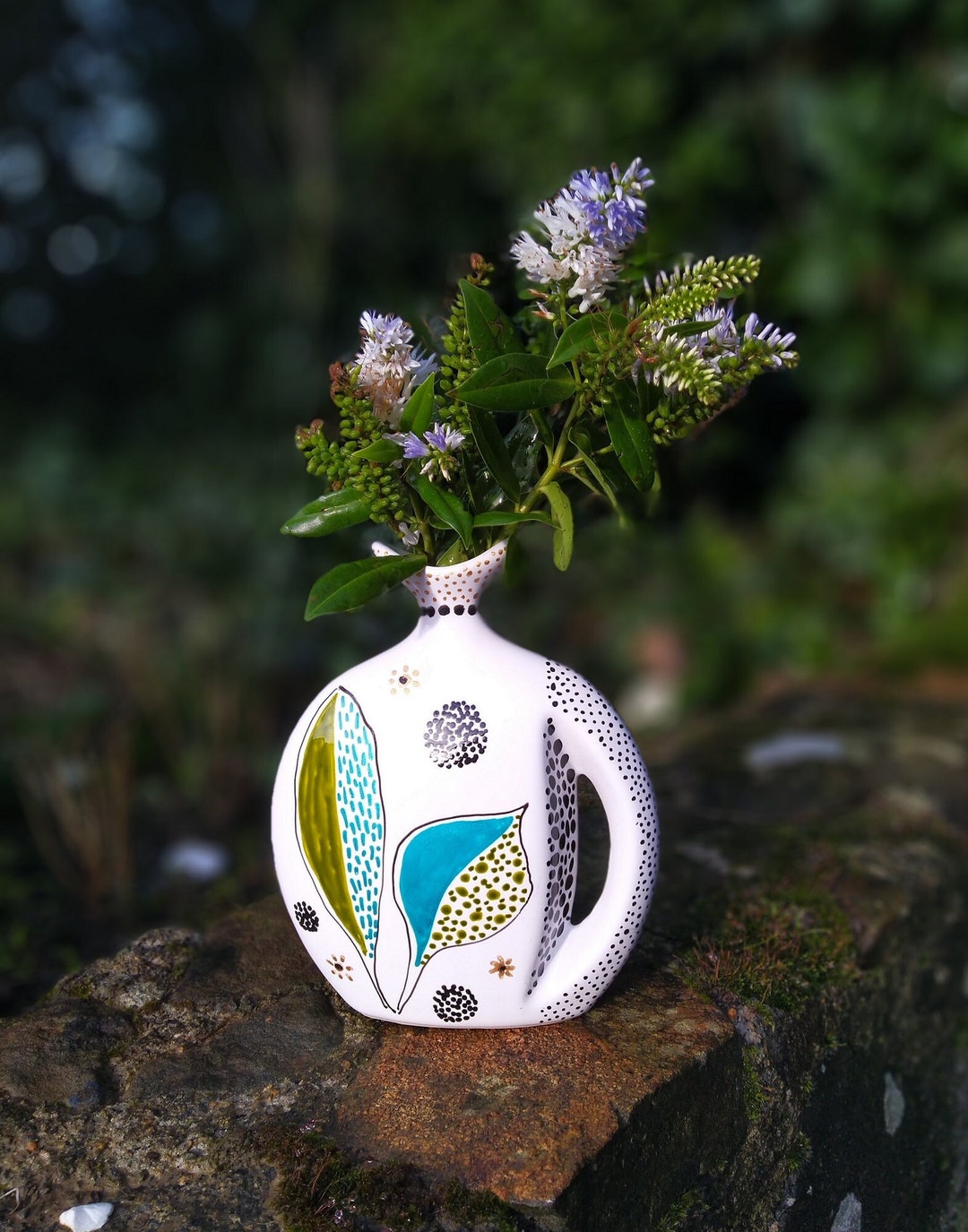 Small Green Blue Gold Porcelain Vase, Artisanal Soliflore, Hand Painted ...
