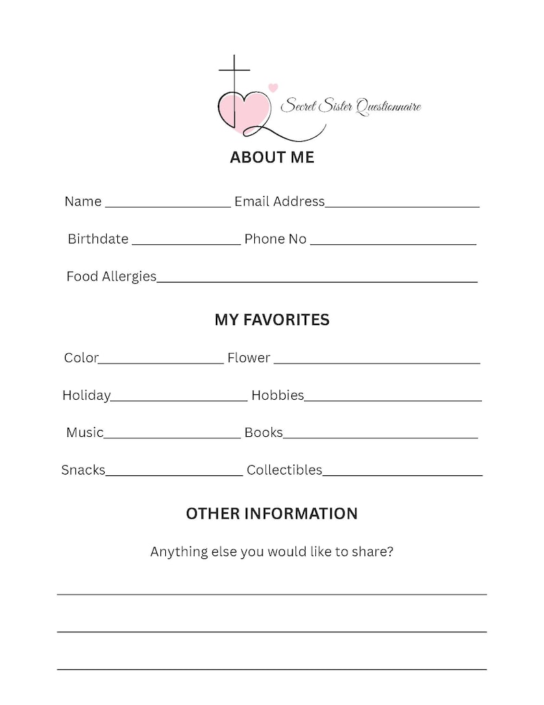 Secret Sister Questionnaire Printable | Editable PDF Form | Church ...