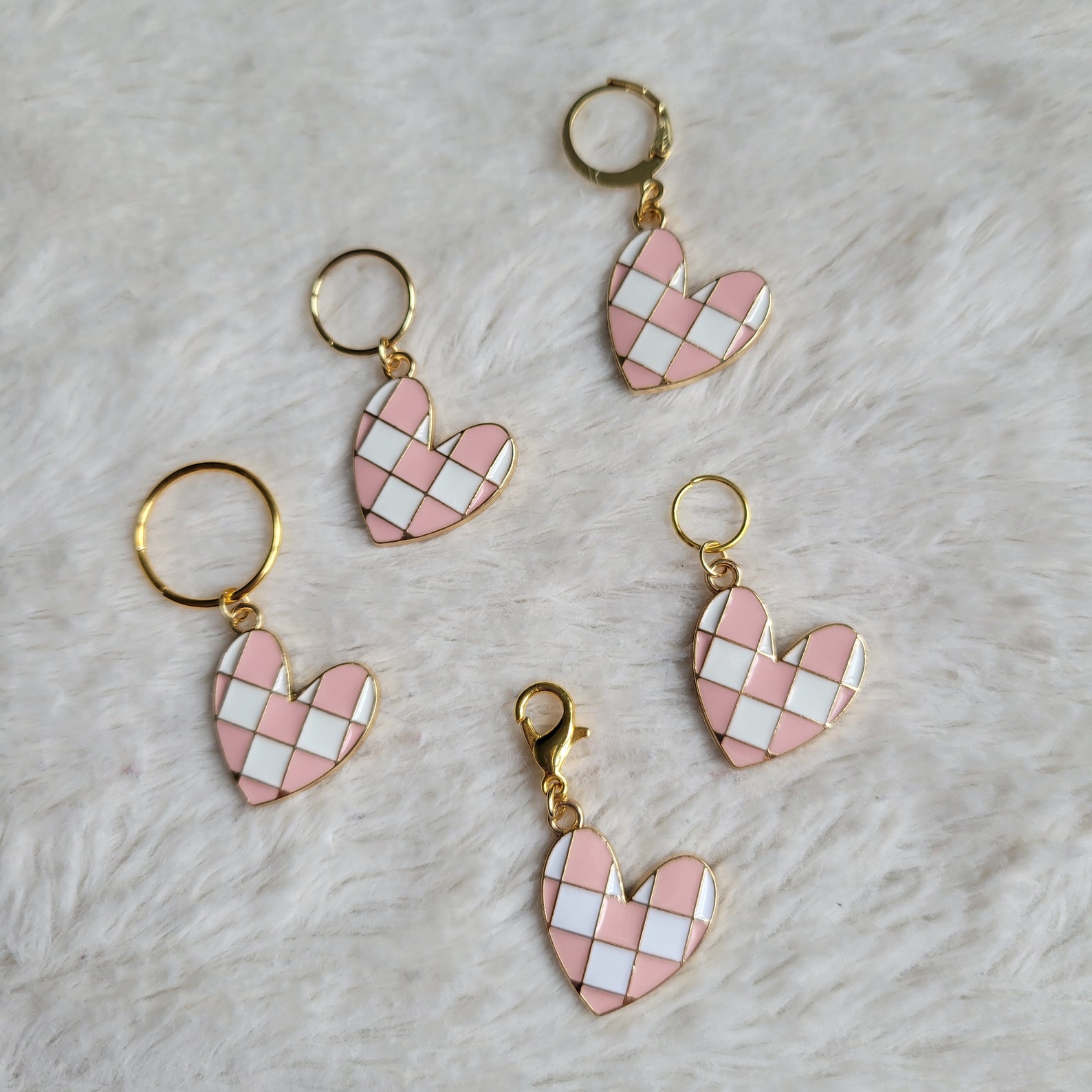 Pink Checkered Heart Stitch Markers, Progress Keepers, Knitting ...