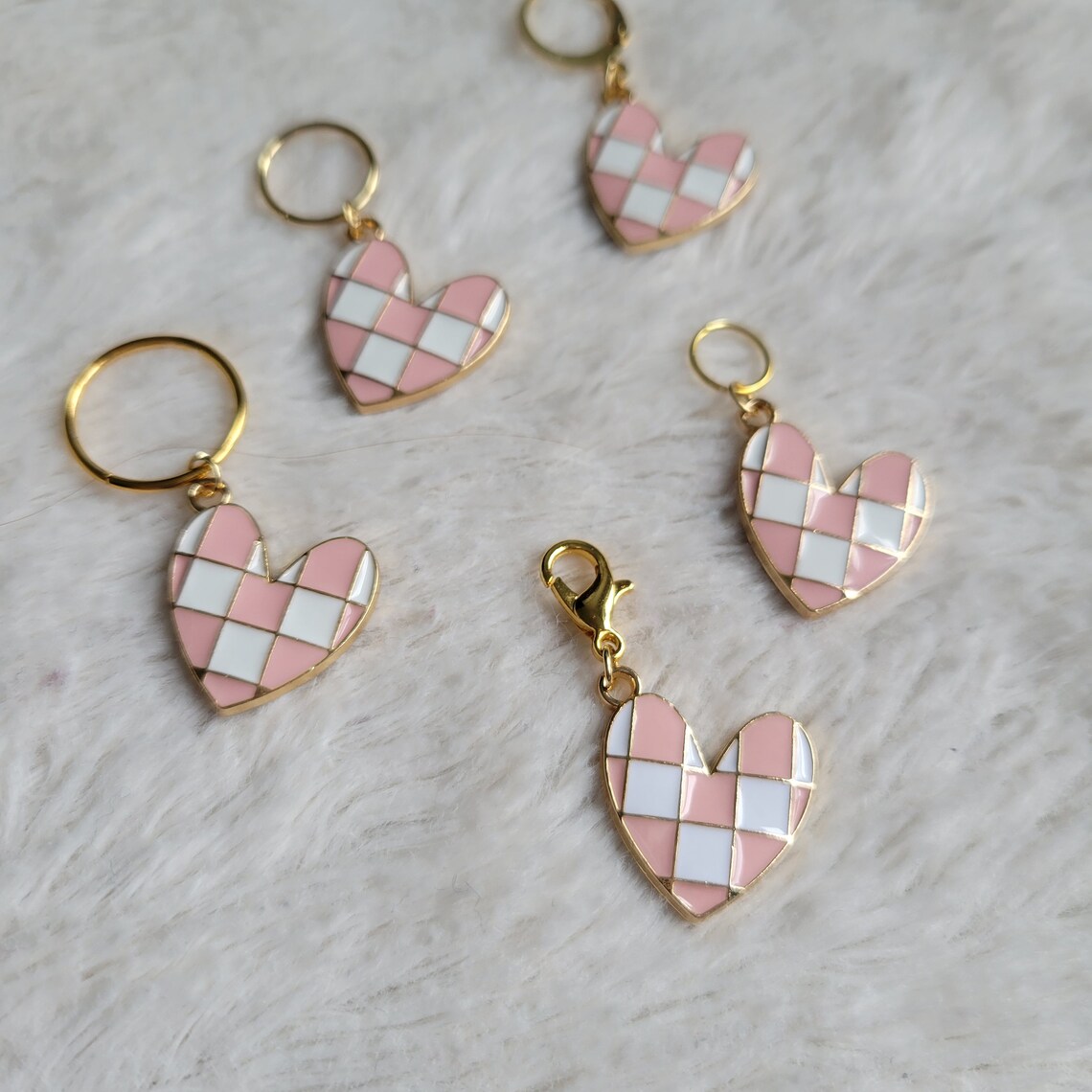 Pink Checkered Heart Stitch Markers, Progress Keepers, Knitting ...