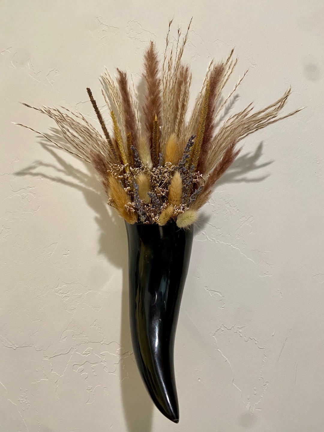 Medium Rustic Hanging Cow Horn With Preserved Dried Florals – Botanical ...