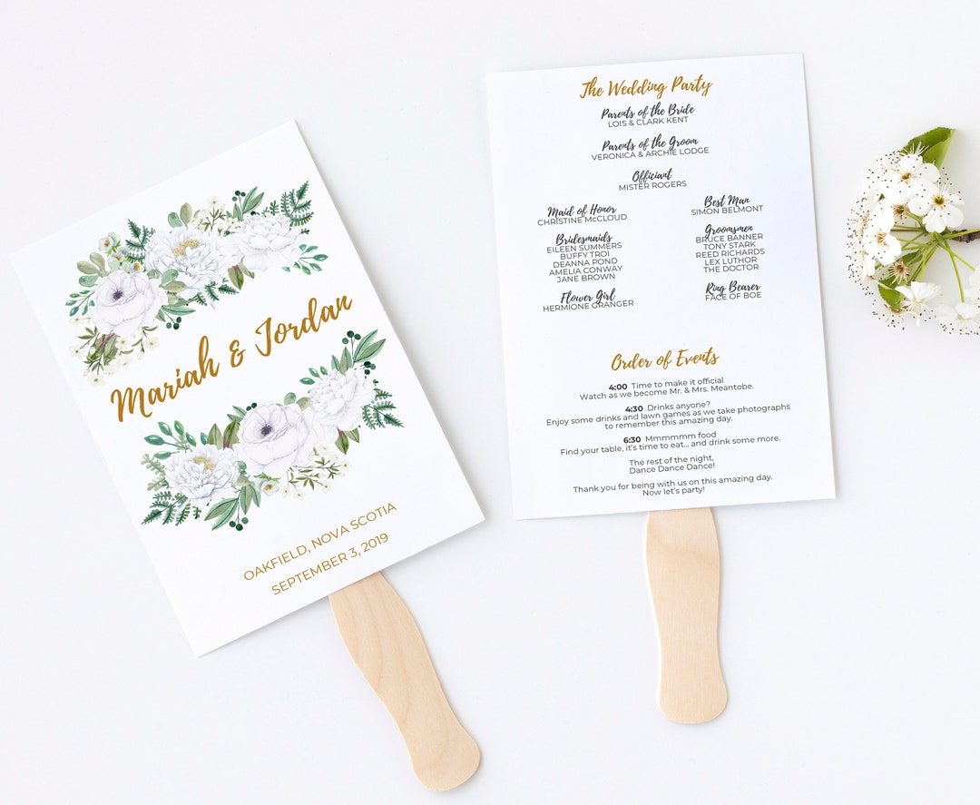 Printable Wedding Program Fan White Floral Program Fan Editable ...