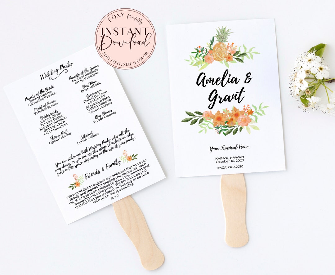 Printable Wedding Program Fan Printable Tropical Wedding DIY Fan ...