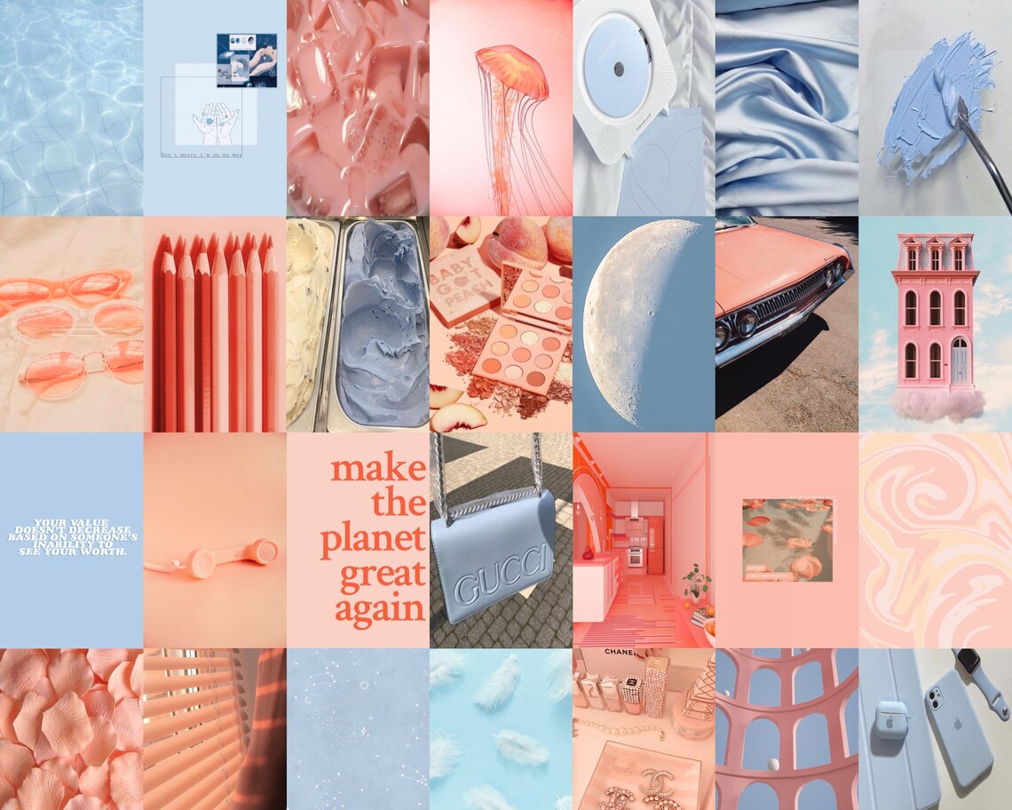 Peach Wall Collage Kit, Blue Collage Kit, Peach & Blue Aesthetic ...