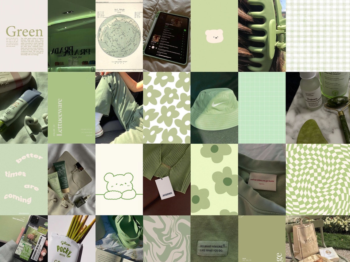 Sage Green Wall Collage Kit, Pastel Green Wall Collage, Aesthetic Wall ...