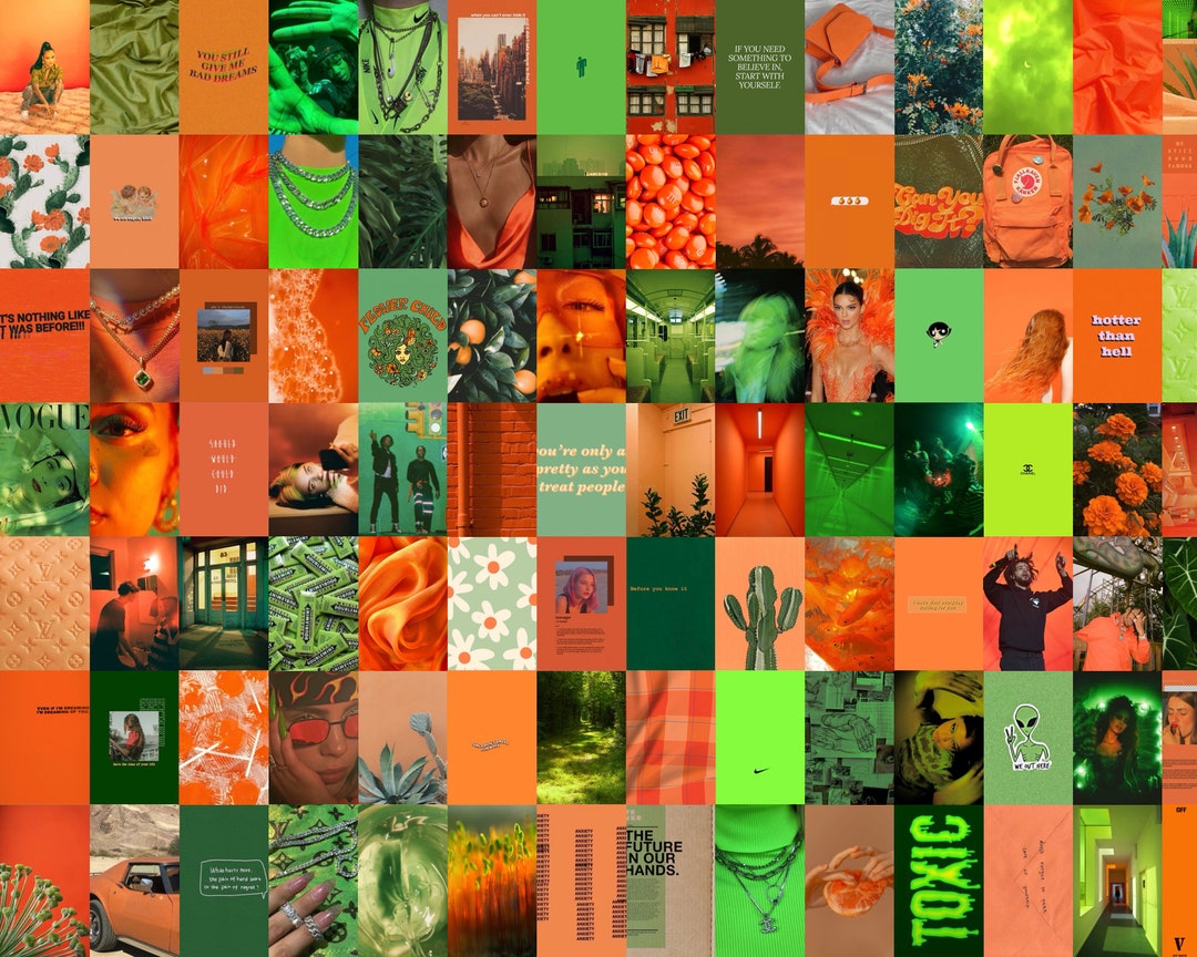Orange Wall Collage Kit, Green Collage Kit, Orange Aesthetic, Green ...