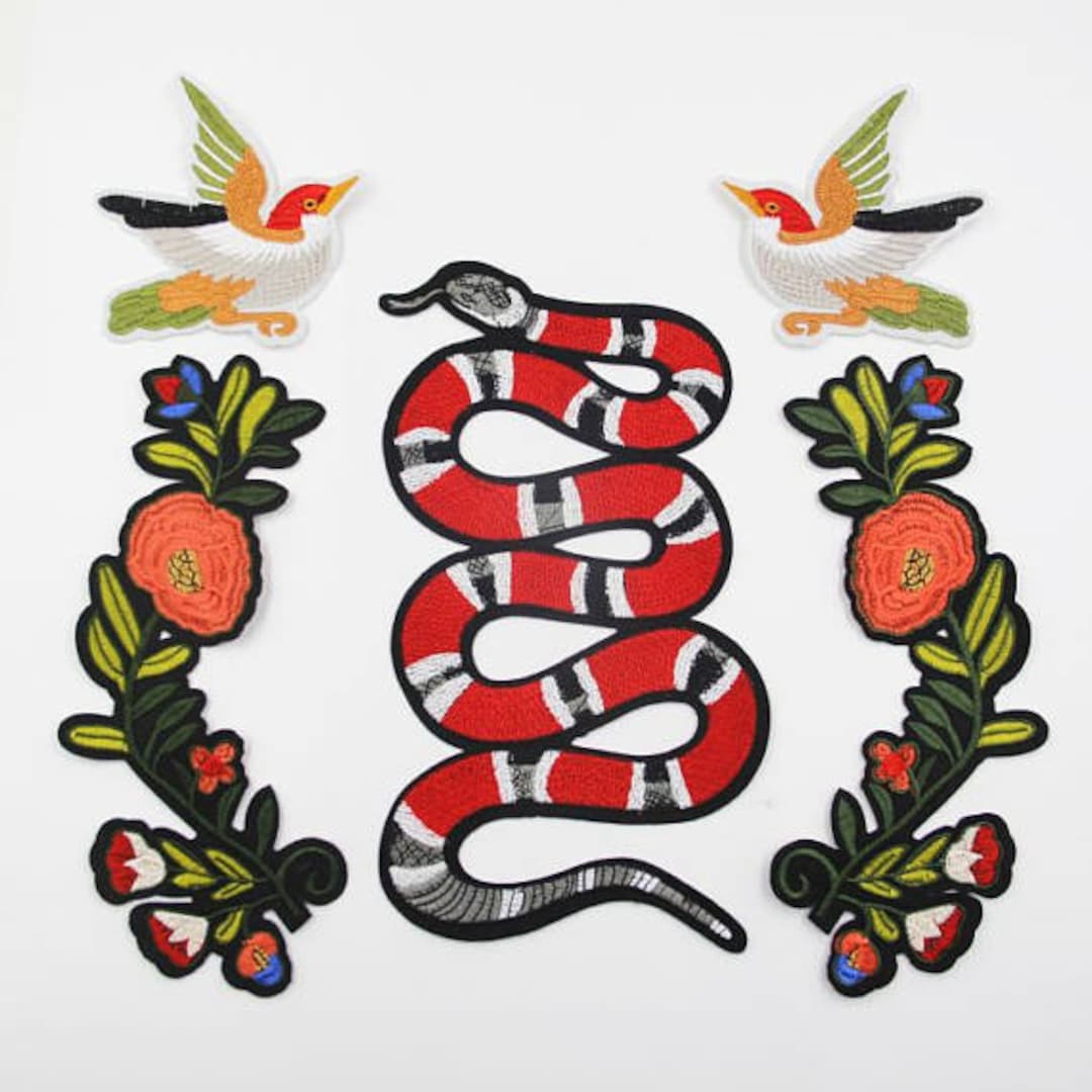 Embroidered Snake, Bird & Flower Iron-on Patches: Garment Applique Set ...