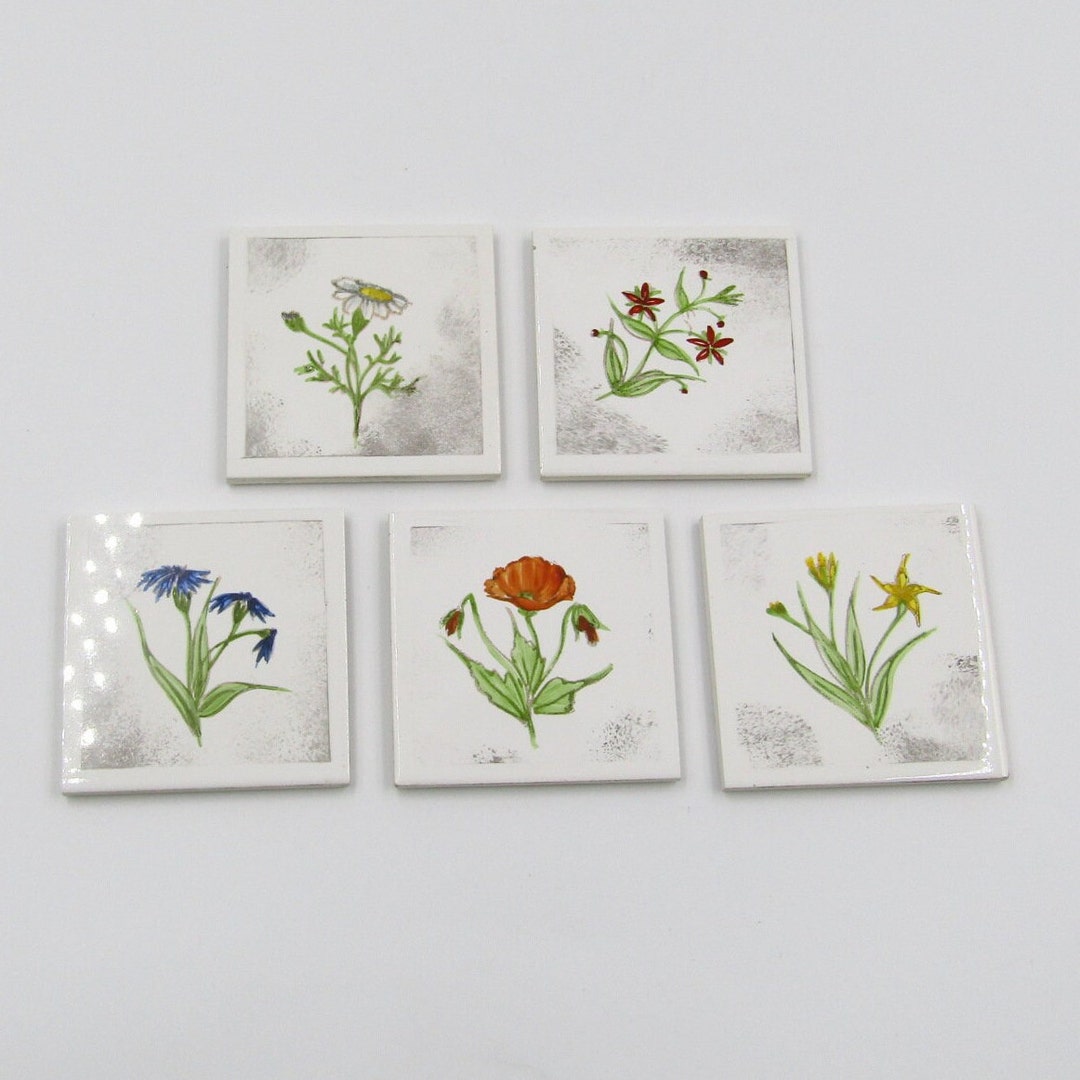 Ceramic Tile 3x3 Set of 5 Hand-painted Floral Flower Botanical - Etsy