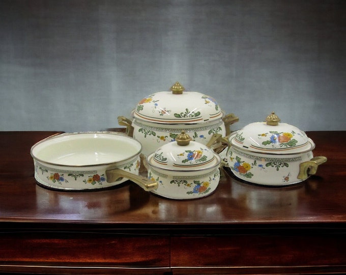 Vintage Set of Floral Enamelware Cookware With Brass Handles 7 Pieces ...