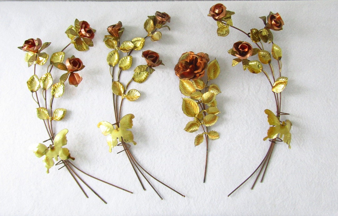 Vintage Metal Wall Art Decor Copper Red Rose With Gold Leaves Long Stem ...