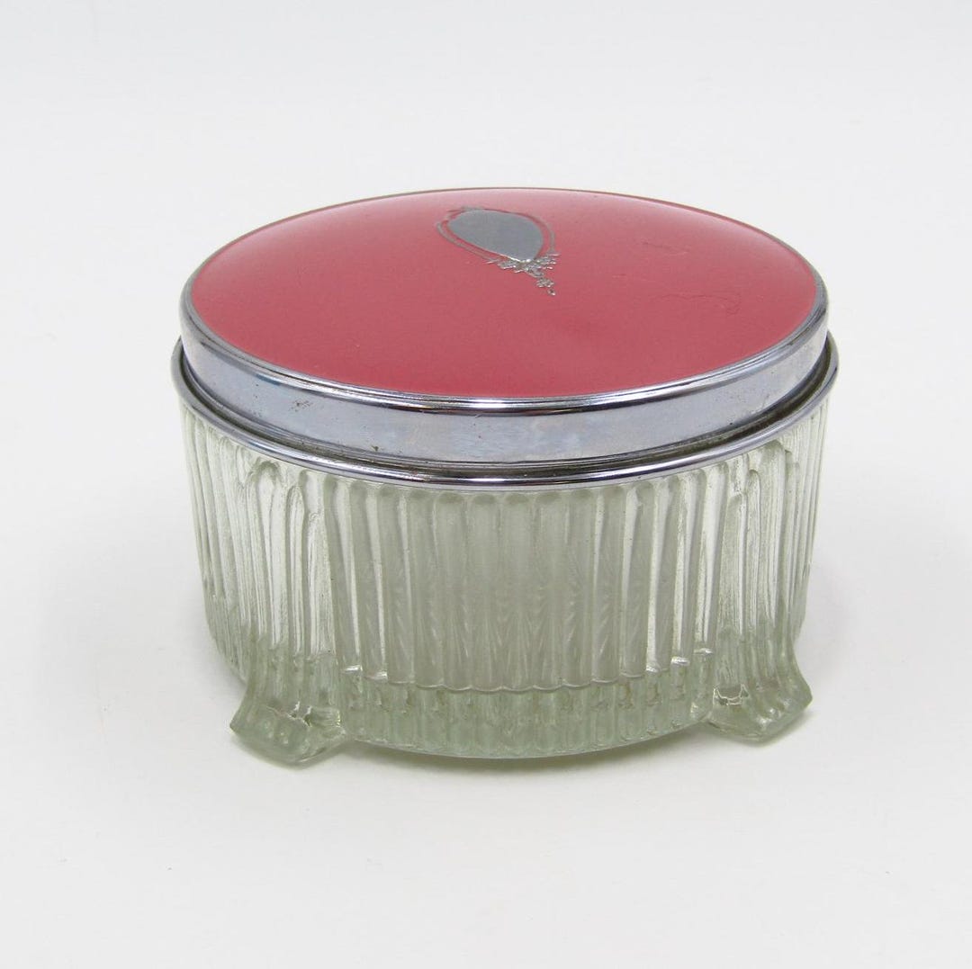 Vintage Glass Vanity Powder Jar With Pink and Silver Metal Lid Art Deco ...