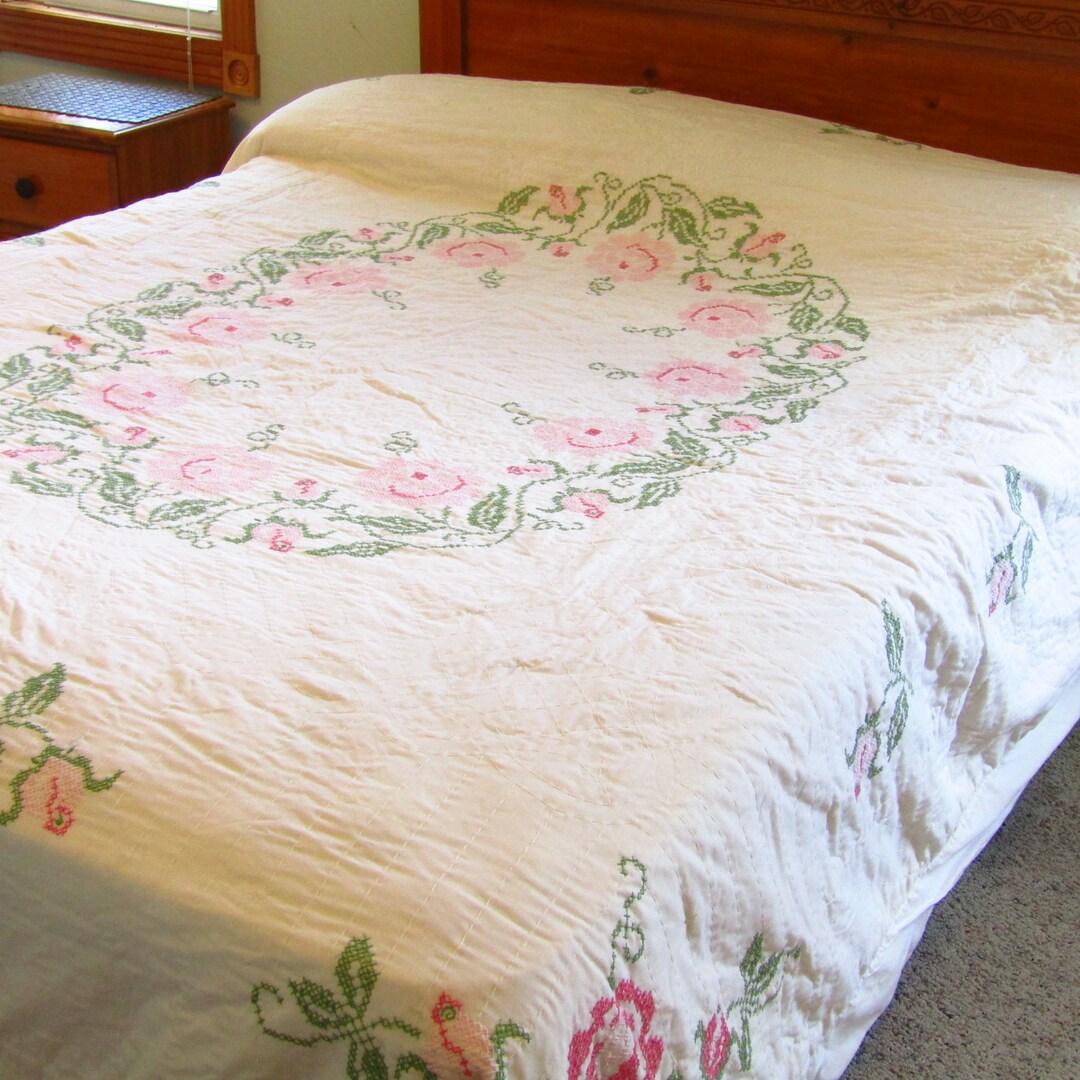 Floral Bedspread King Queen Size Quilted Cross Stitch Embroidered ...