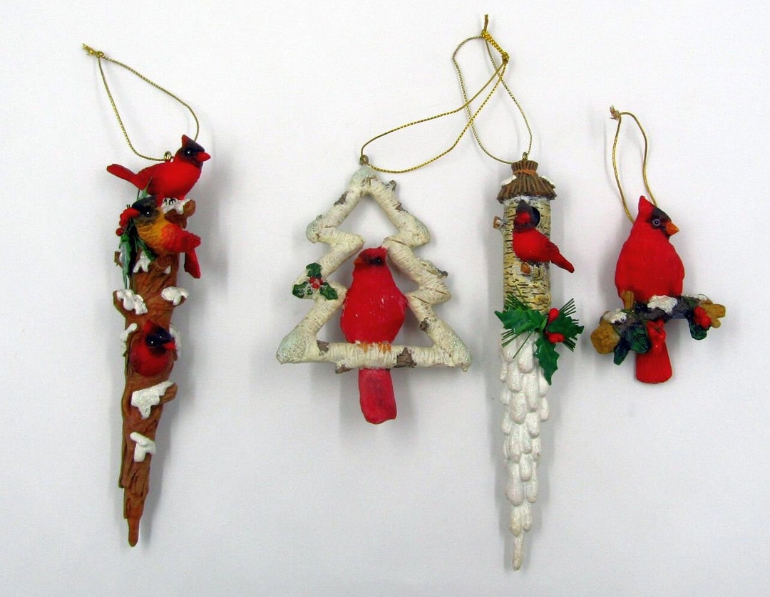 Cardinal Red Bird Themed Christmas Tree Ornaments SET OF 4 Birch Tree ...