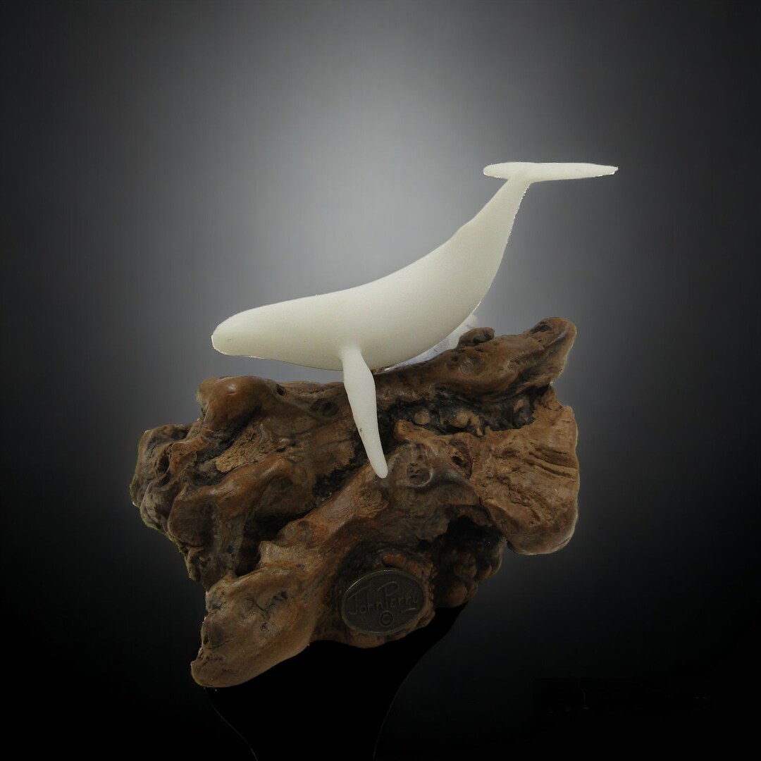 John Perry Single Humpback White Whale on Burwood Base Sculpture Decor ...