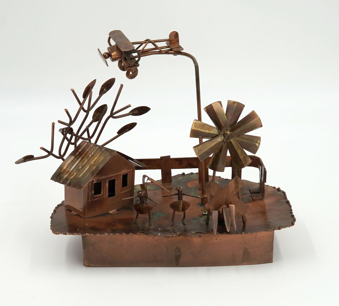 Vintage Tin Copper Musical Animated Metal Sculpture Airplane Biplane ...