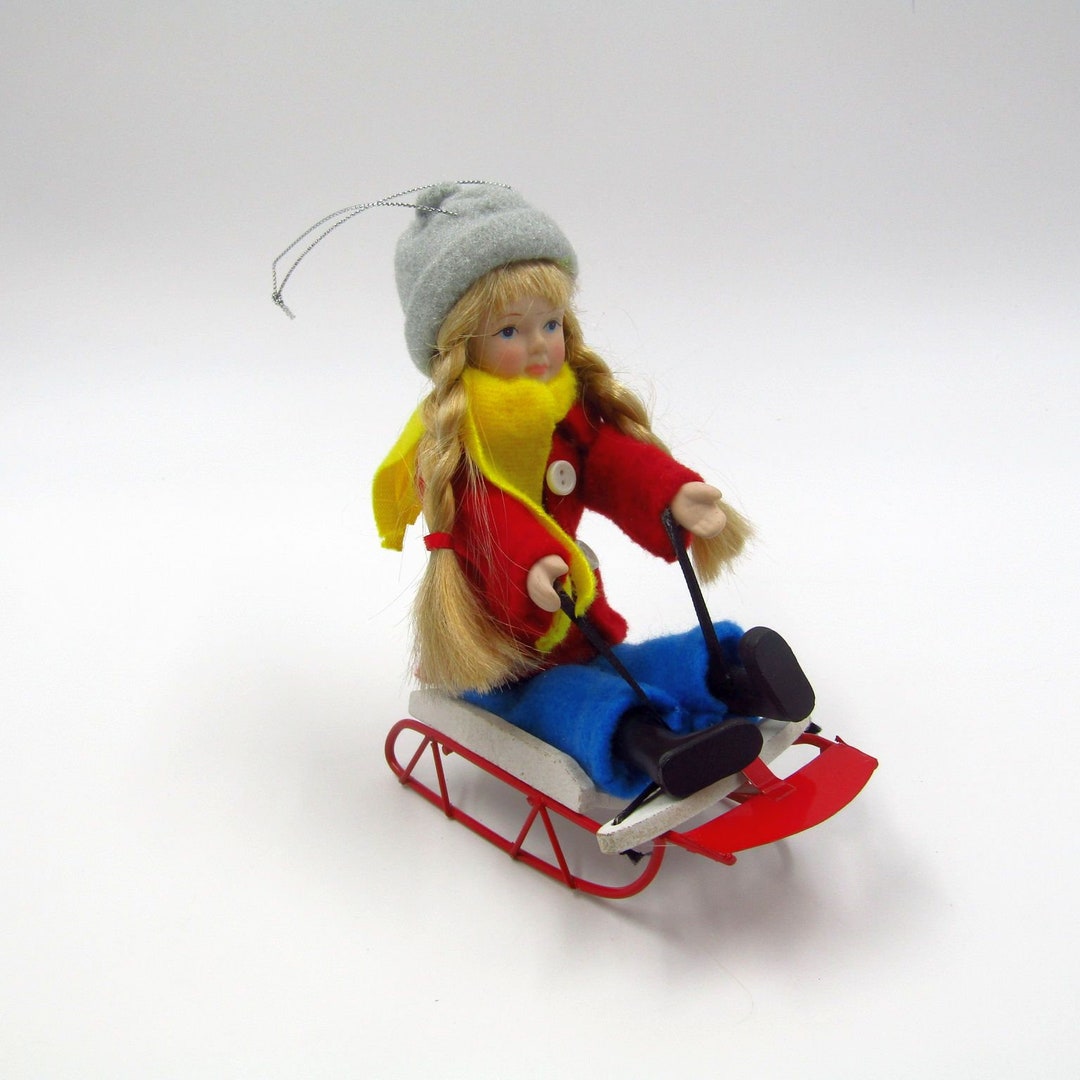 Porcelain Doll on Sled Christmas Tree Ornament 6” Girl Long Blonde ...