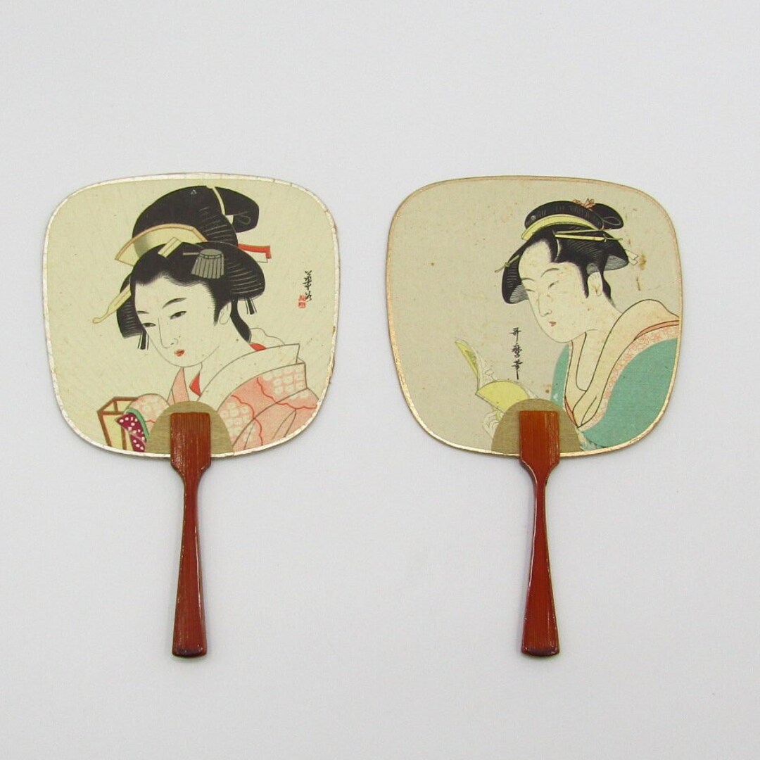 Vintage Pair Japanese Hand Fan Uchiwa Bamboo Wood Handle Geisha Man ...