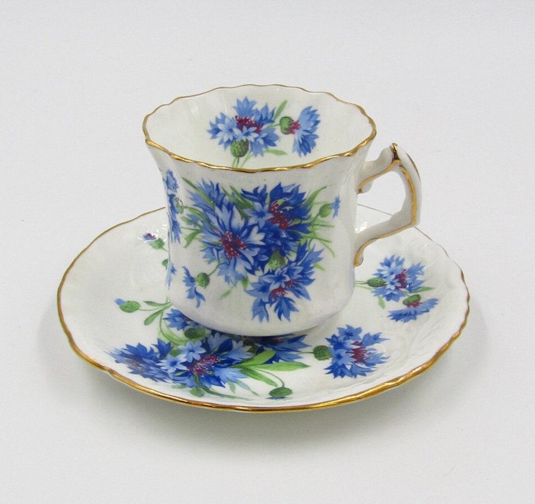 Delicate Tea Cup and Saucer Blue Floral With Ruffled Edge and Ornate ...
