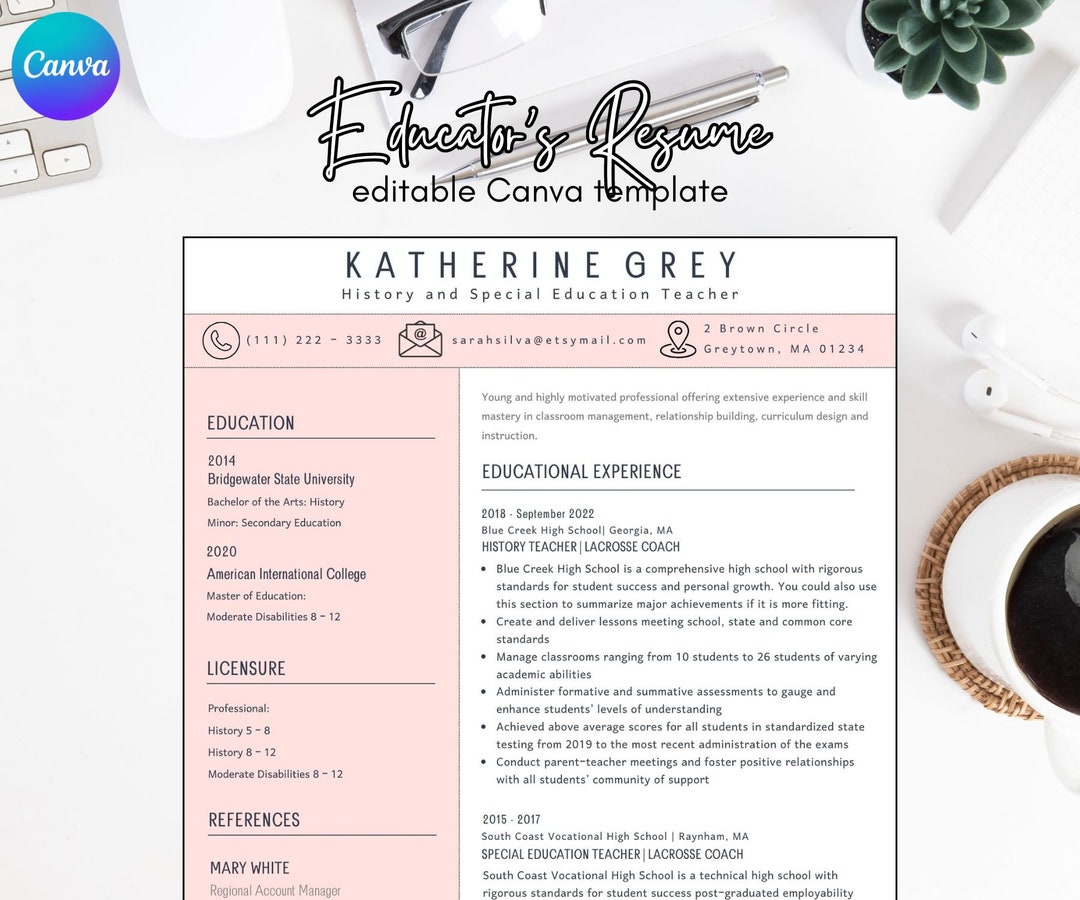Simple Educator Resume, Editable Canva Template, Teacher Resume ...