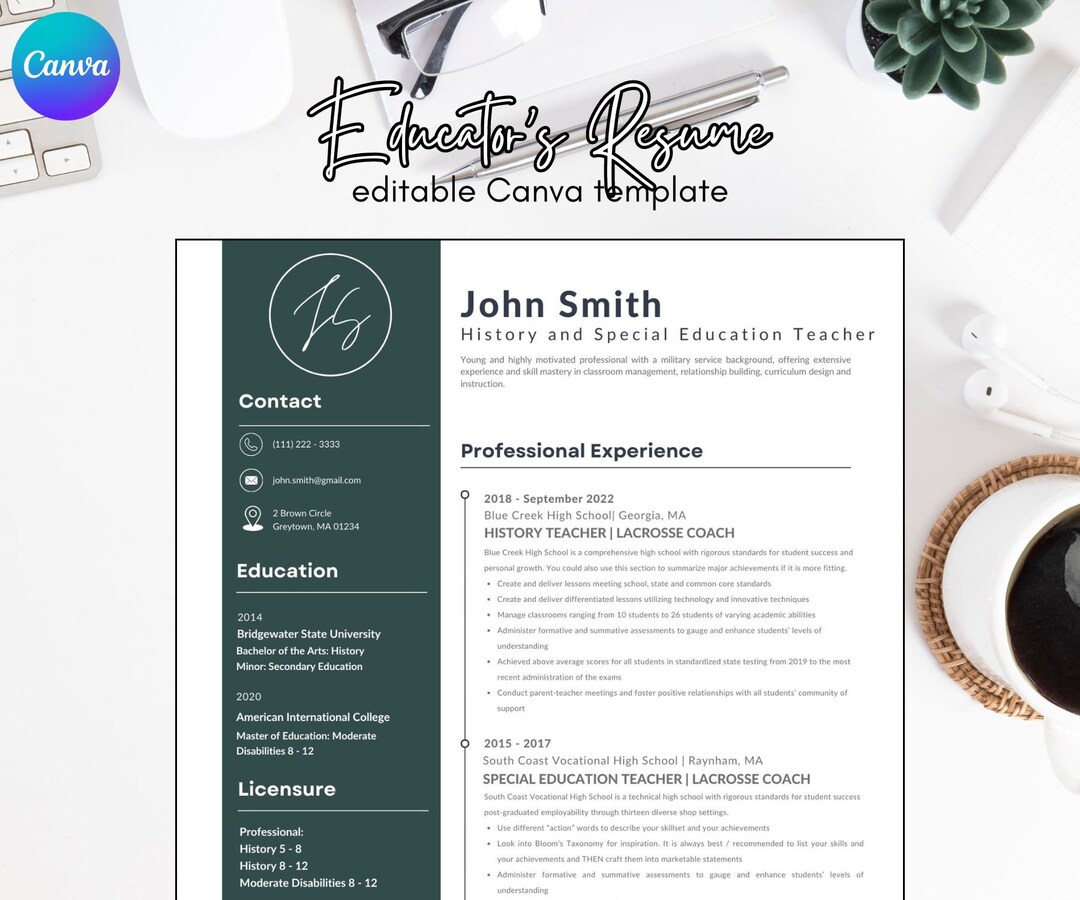 Educator Resume, Editable Canva Template, Teacher Resume Download, High ...