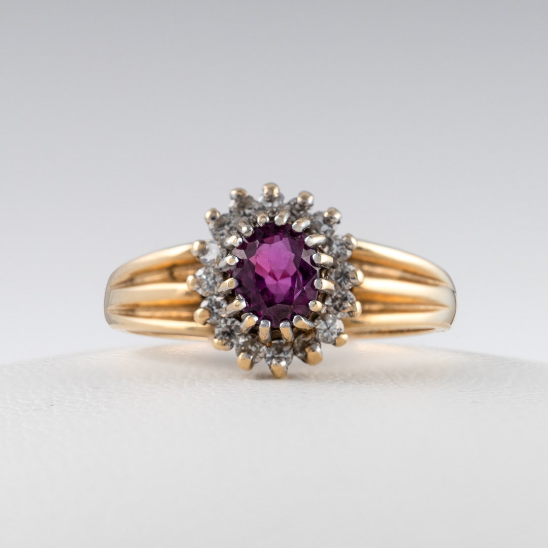 Retro 9ct Gold Siam Ruby Diamond Halo Dress Ring Yellow Gold Hallmarked ...