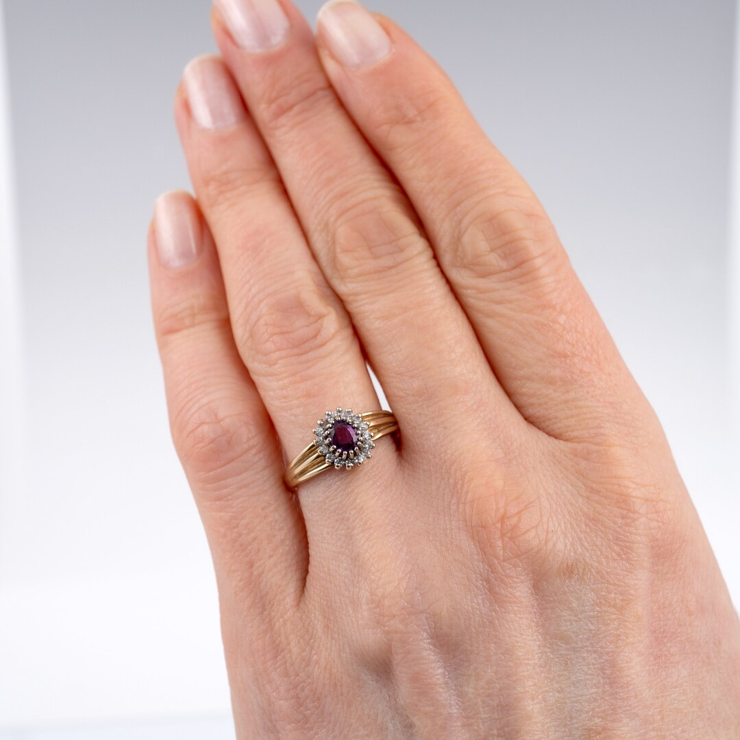 Retro 9ct Gold Siam Ruby Diamond Halo Dress Ring Yellow Gold Hallmarked ...