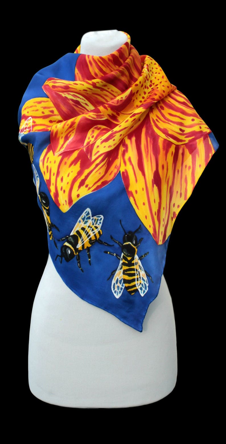 Hand-painted Bee Silk Scarf: Yellow & Blue Floral, Original Gift - Etsy